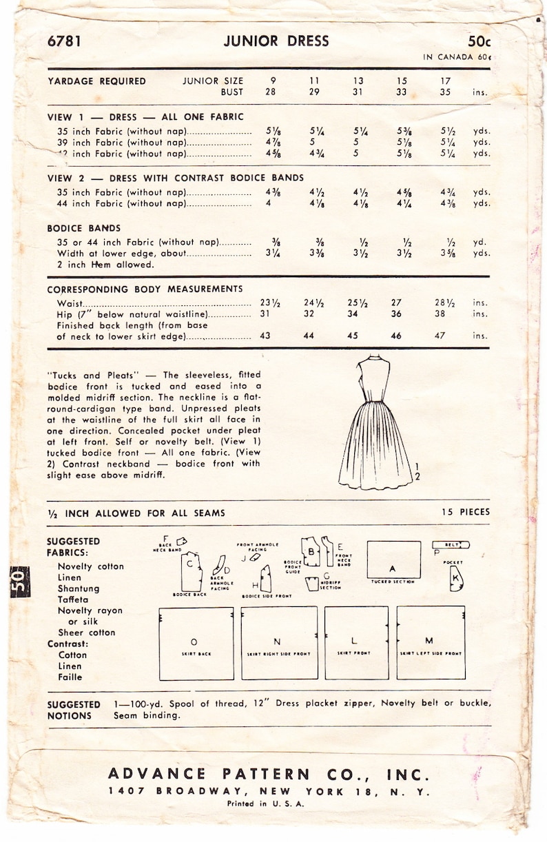 Vintage 1954 Advance 6781 American Designer Sewing Pattern - Etsy