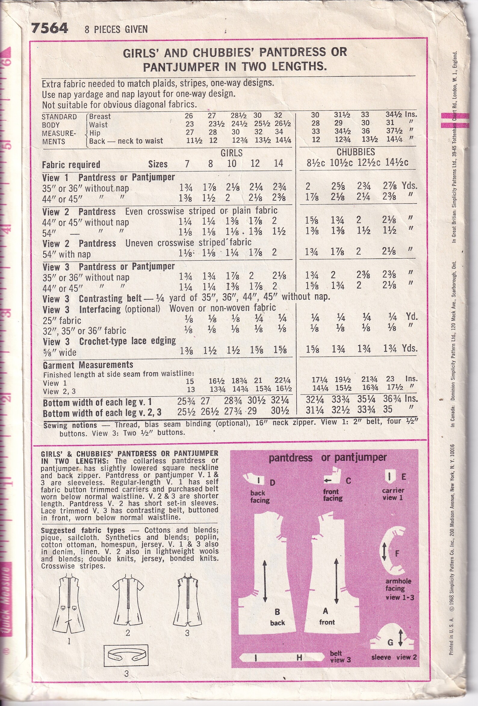 Vintage 1968 Simplicity 7564 Sewing Pattern Girls' Romper, Jumpsuit ...