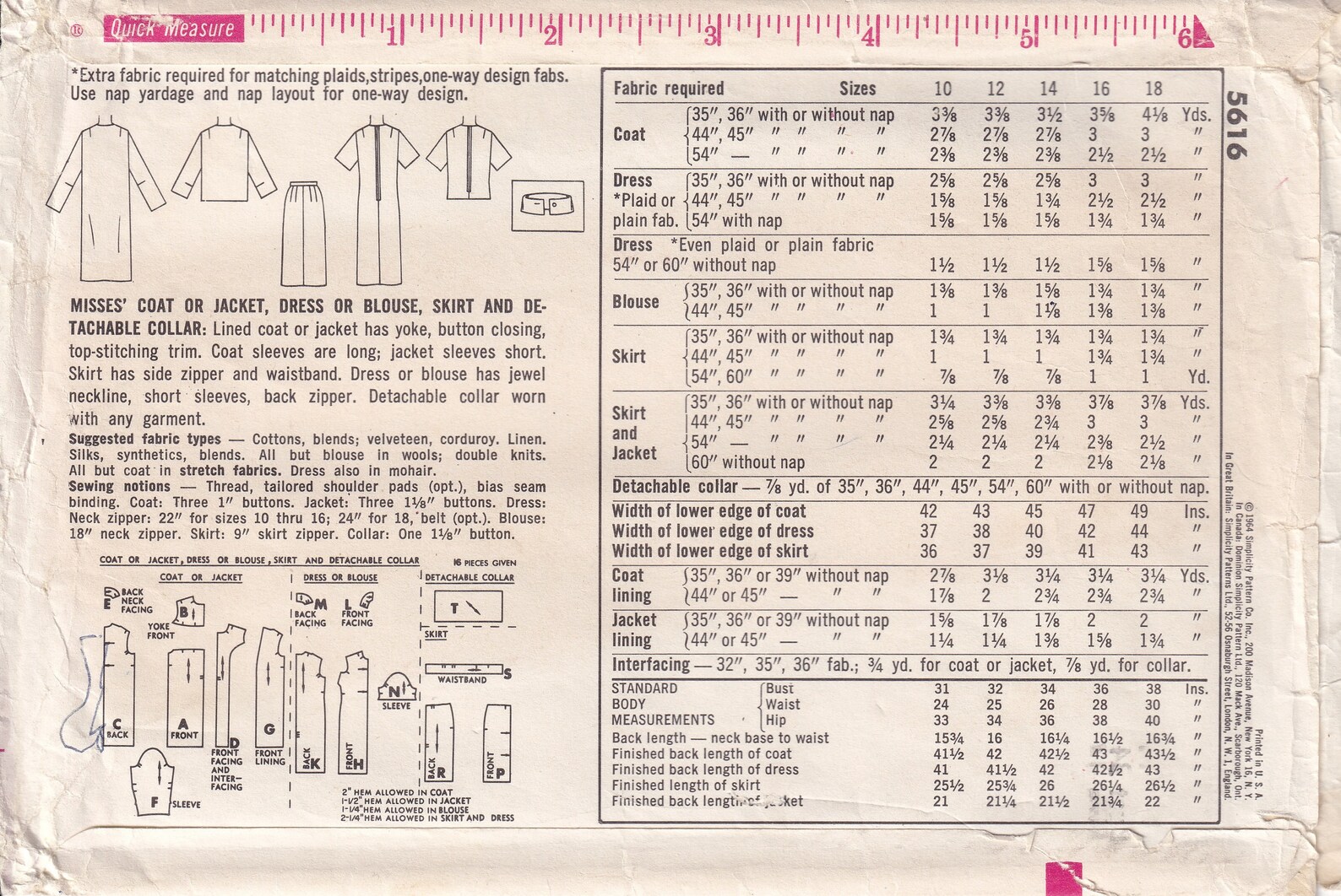 Vintage 1964 Simplicity 5616 Sewing Pattern Misses' Dress or Blouse ...