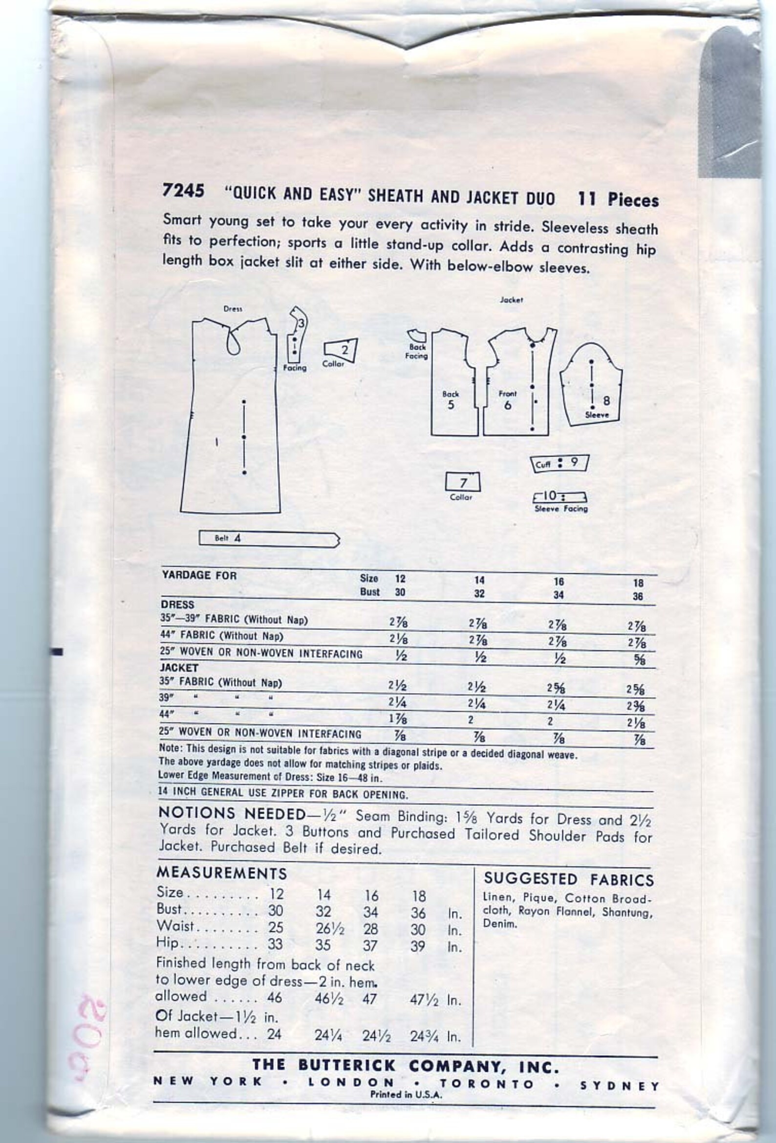 Vintage 1955 Butterick 7245 Sewing Pattern Misses' Sheath Dress and ...