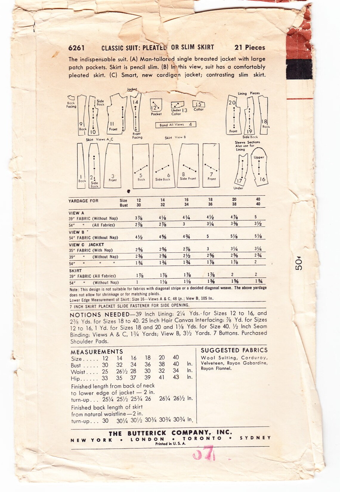 Vintage 1954 Butterick 6261 Sewing Pattern Misses' Classic | Etsy