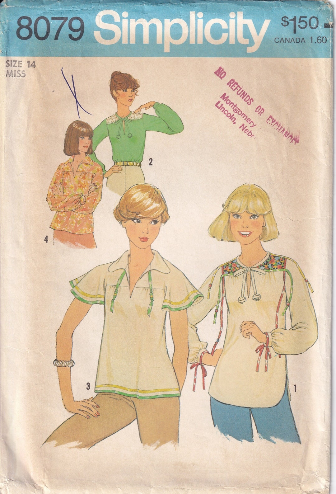Vintage 1977 Simplicity 8079 Sewing Pattern Misses' Pullover Tops Size ...