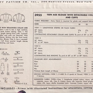 Vintage 1952 Simplicity 3955 Sewing Pattern Teen Age Blouse With ...