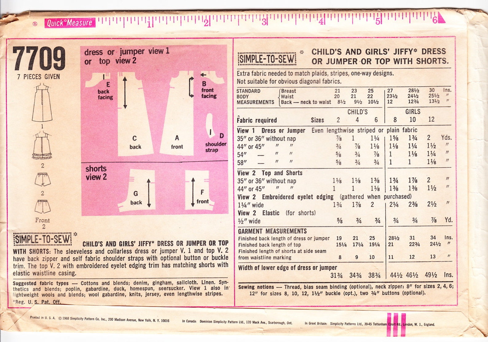 Vintage 1968 Simplicity 7709 Sewing Pattern Girl's Dress - Etsy