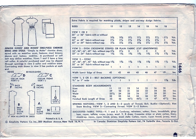Vintage 1956 Simplicity 1446 UNCUT Sewing Pattern Junior's, Misses' One ...