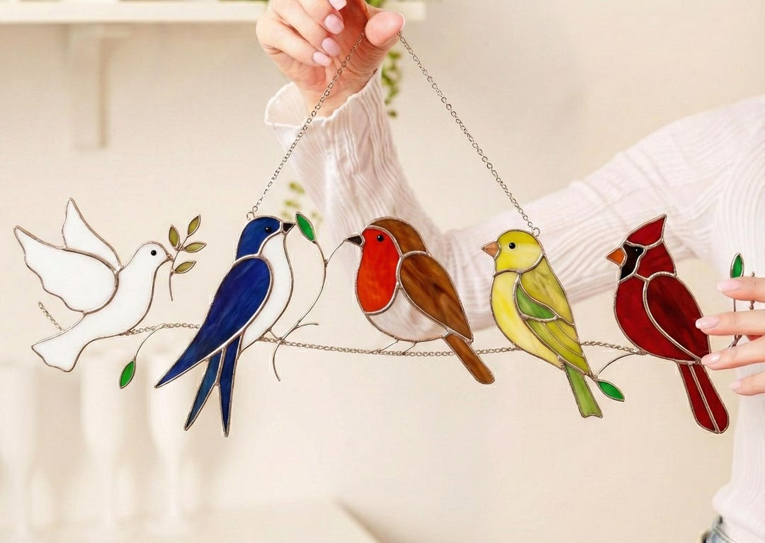 Stained Glass Birds Suncatcher Window Hanging Dove Robin Cardinal ...