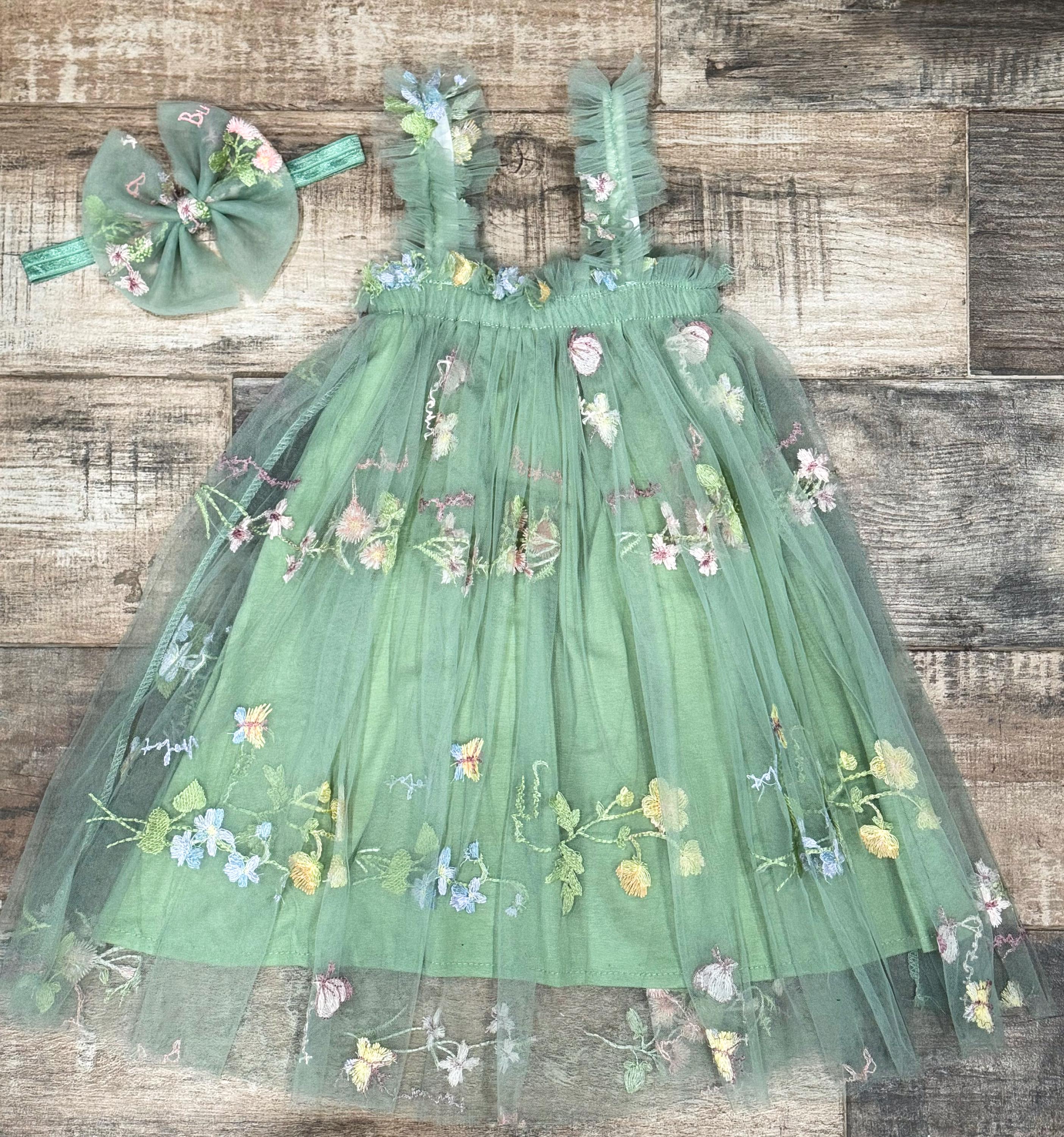 Sage Embroidered Tulle Dress and Headband - Spring Dress - Flower Girl ...