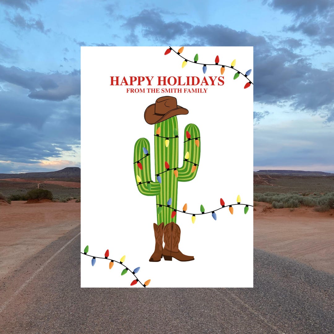 Cactus Holiday Card. Cowboy Boots and Hat on a Western Christmas Tree ...