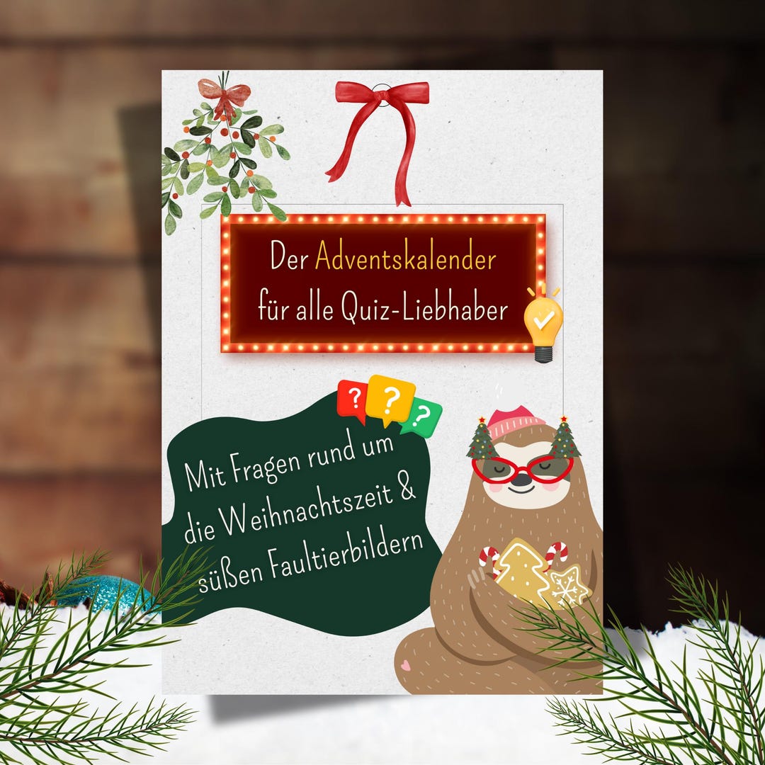 Christmas Quiz Advent Calendar With Cute Sloth Pictures - Digital ...