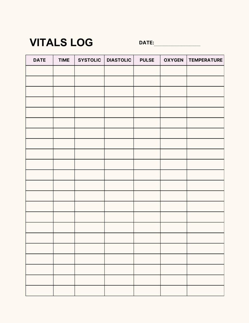 Printable Vitals Log Sheet | Patient Vitals Tracker | Medical Record ...