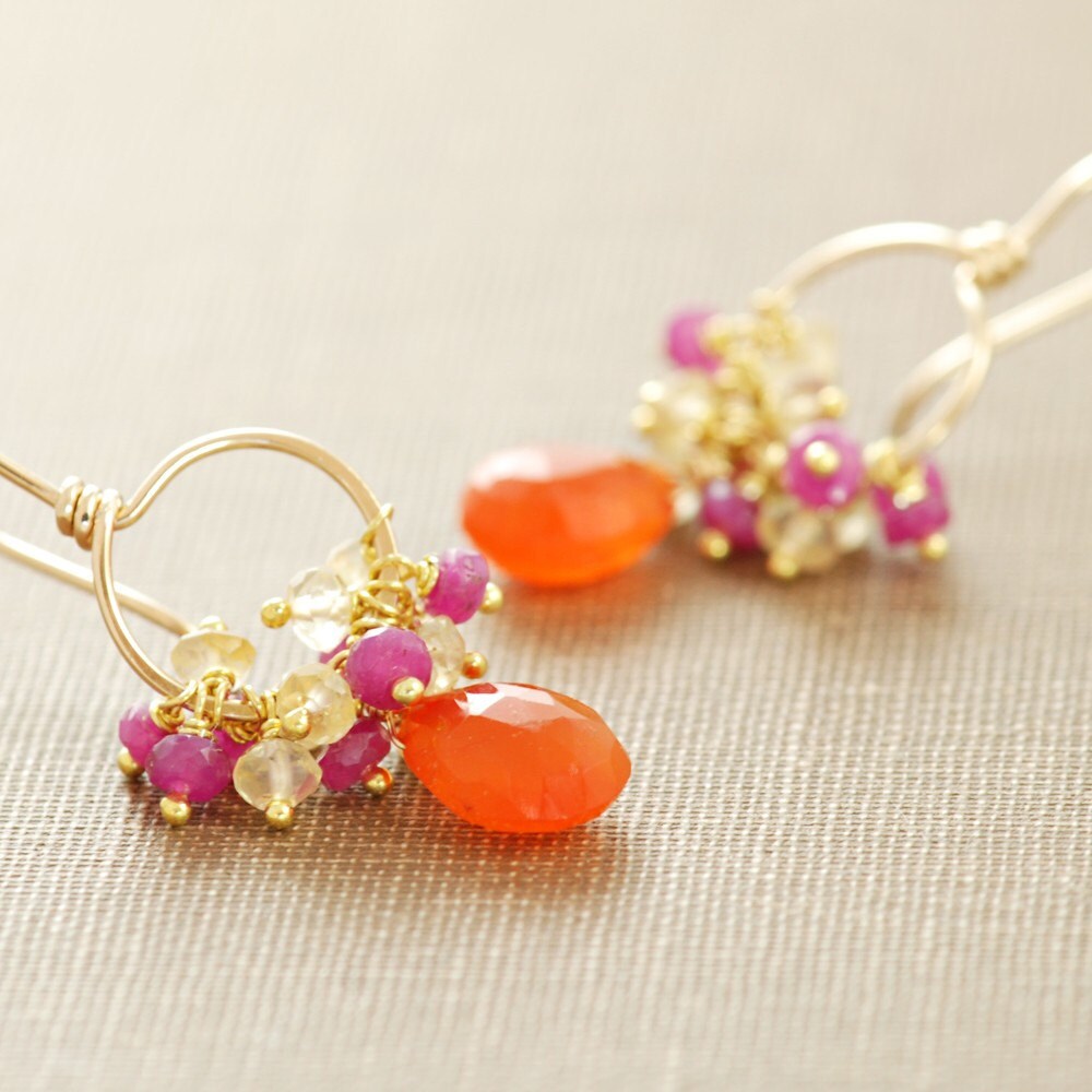 Fruit Punch Orange Pink Gemstone 14k Gold Hoop Earrings - Etsy