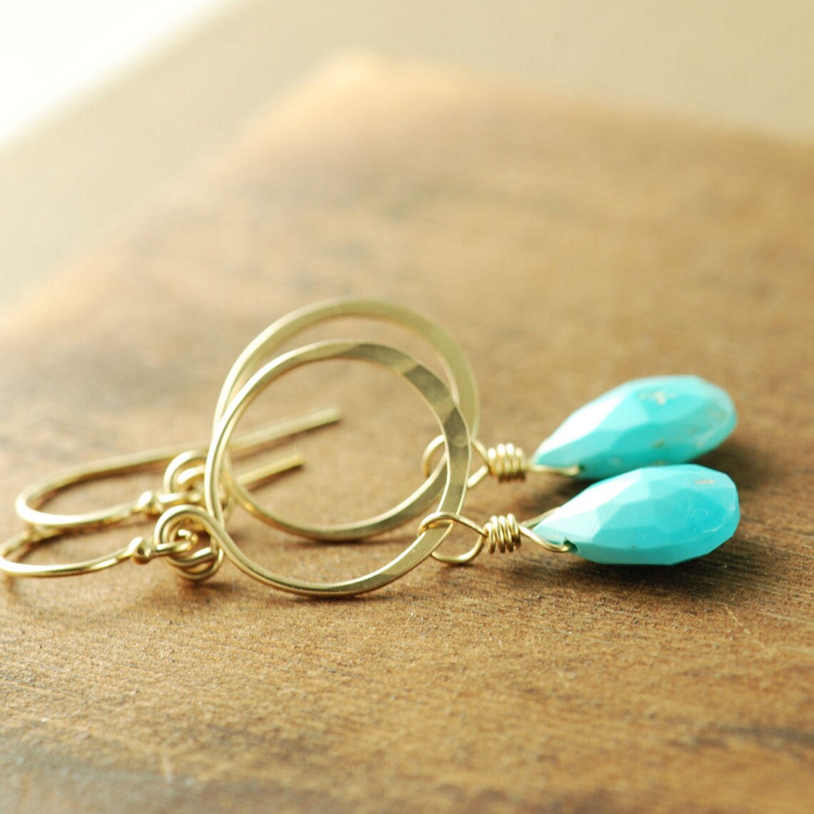 Turquoise Gold Hoop Earrings, December Birthstone Gemstone Dangle ...