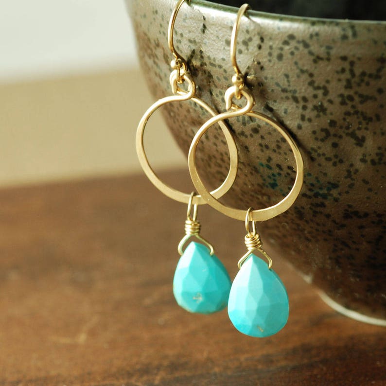 Turquoise Gold Hoop Earrings, December Birthstone Gemstone Dangle ...