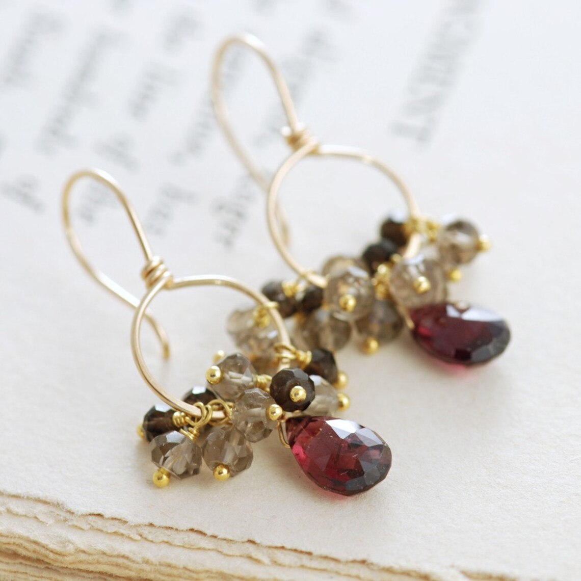 Garnet Earrings 14k Gold Fill With Smoky Quartz Clusters Red | Etsy