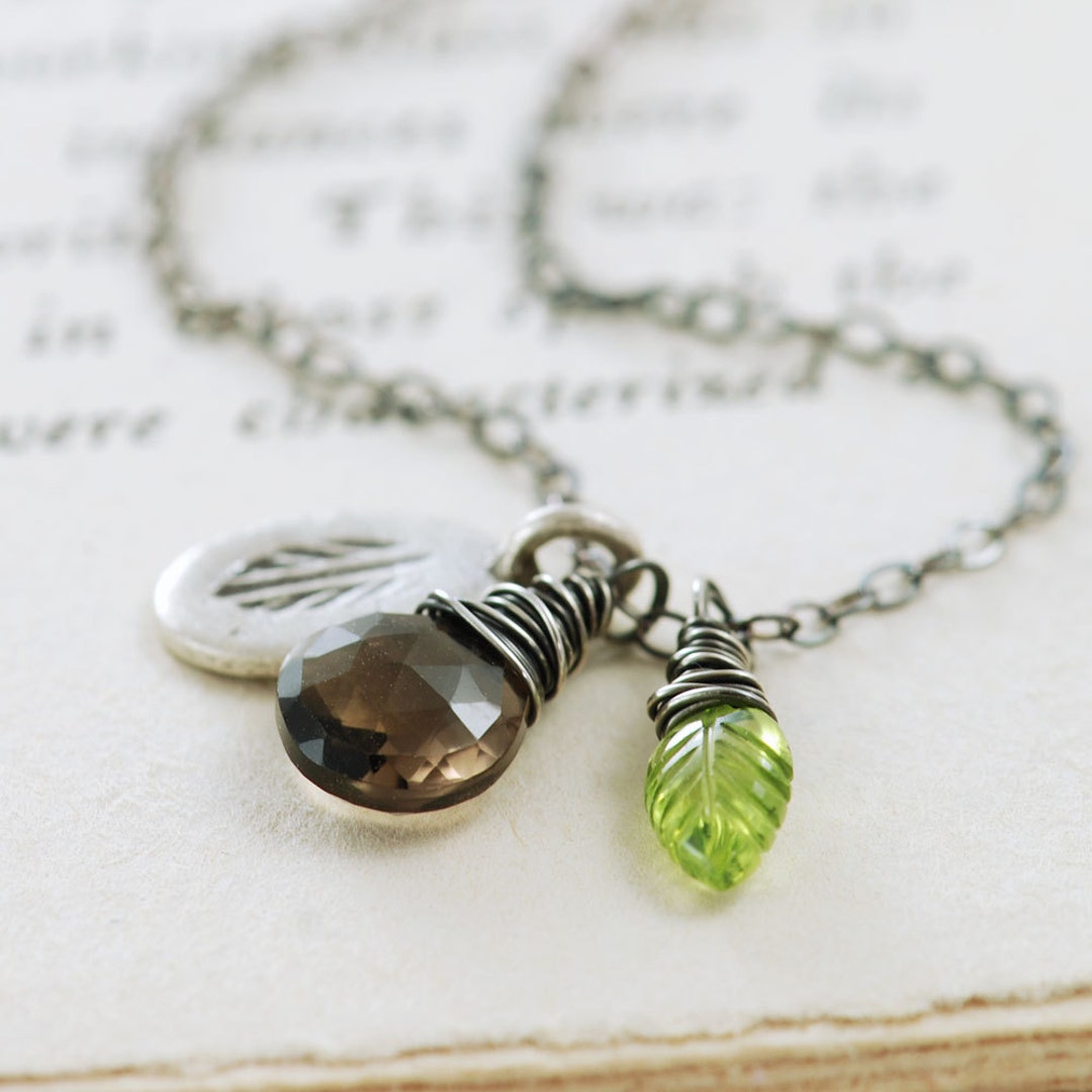 Autumn Gemstone Necklace, Smoky Quartz Peridot Leaf, Rustic Feather ...