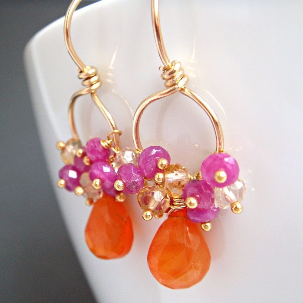 Fruit Punch Orange Pink Gemstone 14k Gold Hoop Earrings - Etsy