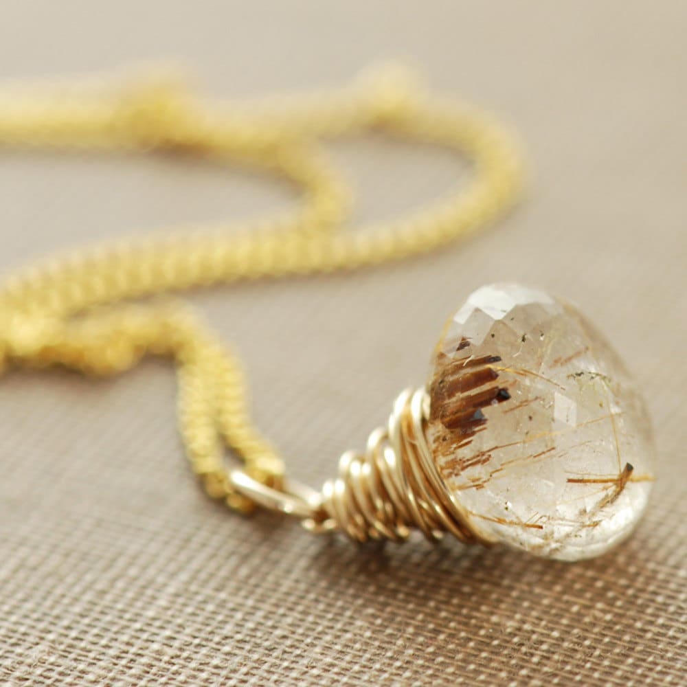 Gold Rutilated Quartz Necklace 14k Gold Wire Wrap Gemstone | Etsy
