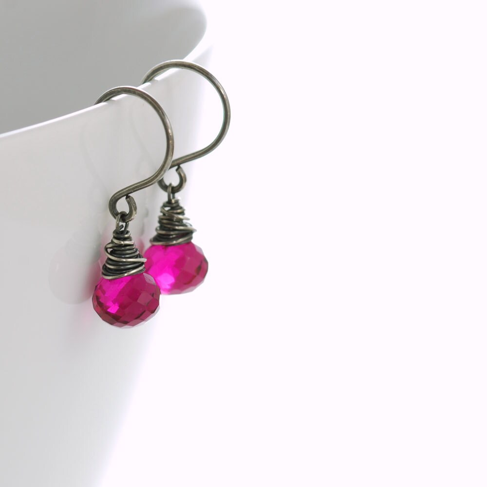 Raspberry Quartz Earrings Wrapped in Sterling Silver Pink - Etsy