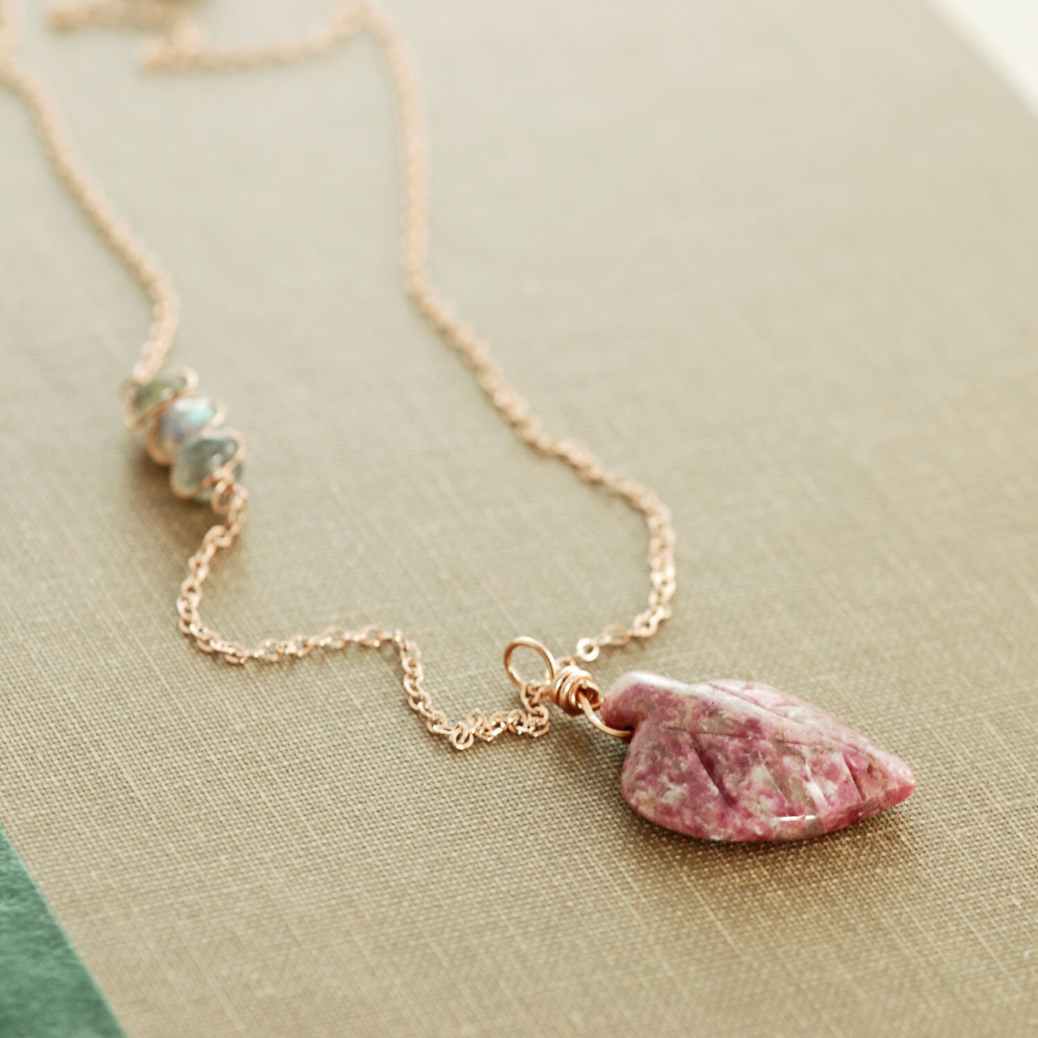 Long Rose Gold Leaf Necklace Rustic Pink Tourmaline Gemstone - Etsy