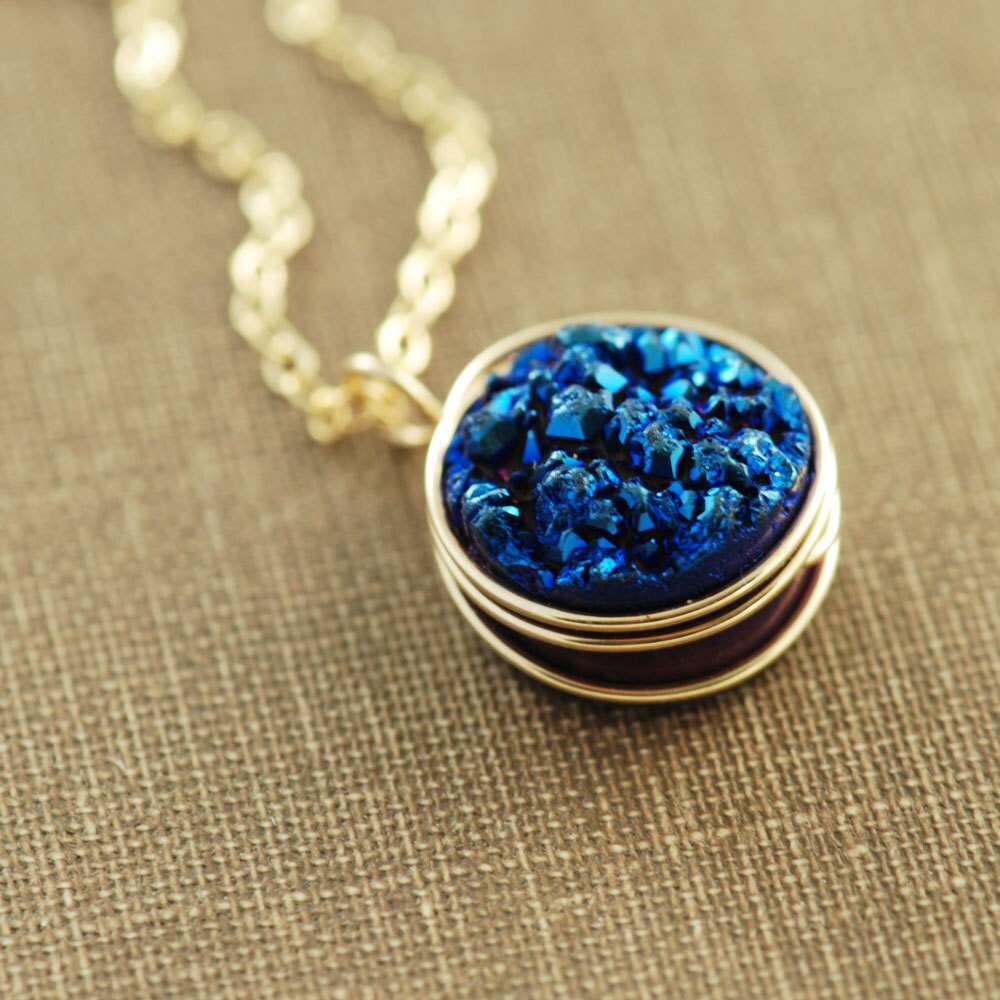Sapphire Blue Druzy Gemstone Necklace Druzy Pendant Necklace | Etsy