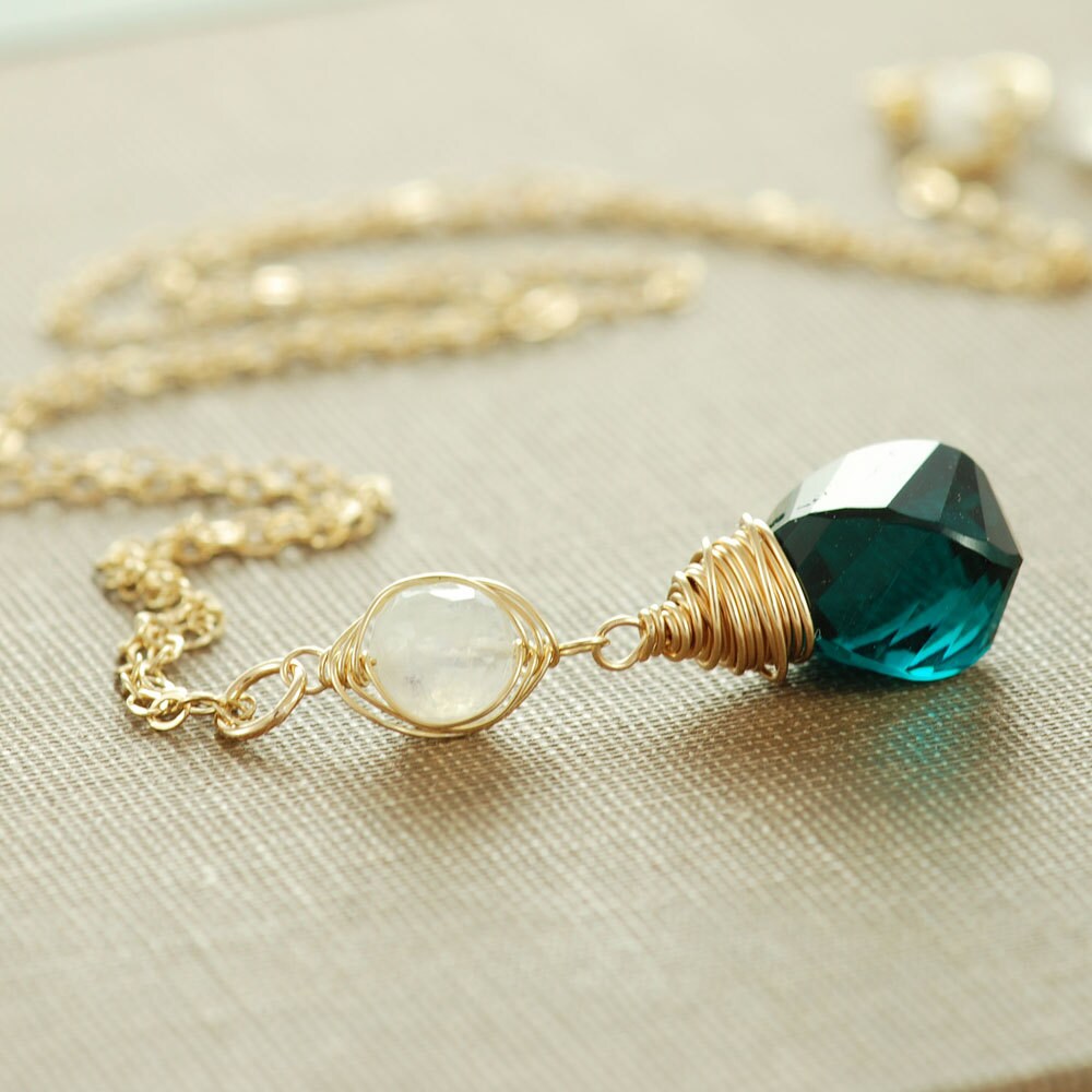 Gold Pendant Necklace Teal Quartz Moonstone Necklace - Etsy