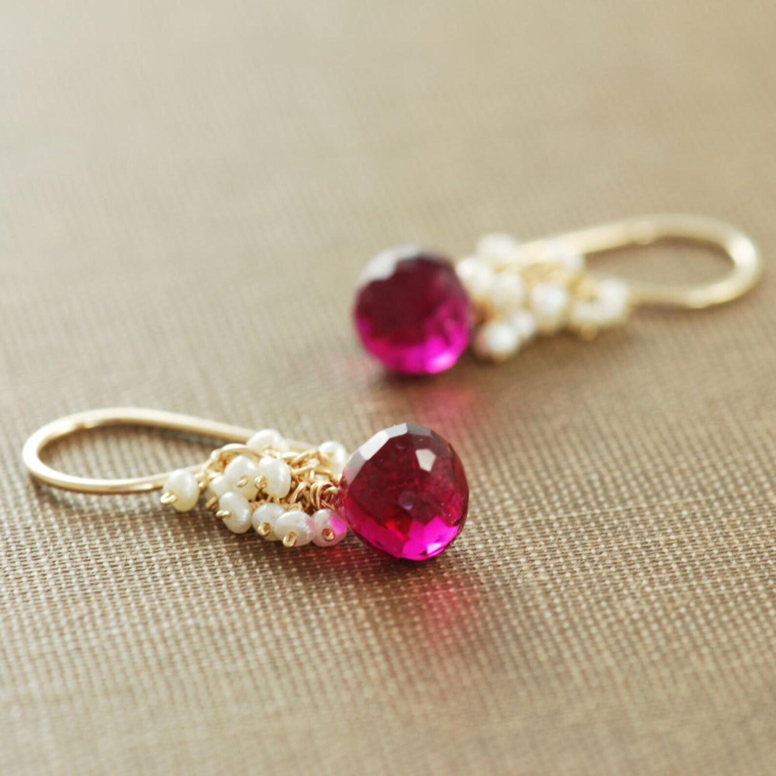 Raspberry Quartz Seed Pearl Earrings 14k Gold Fill Pink - Etsy
