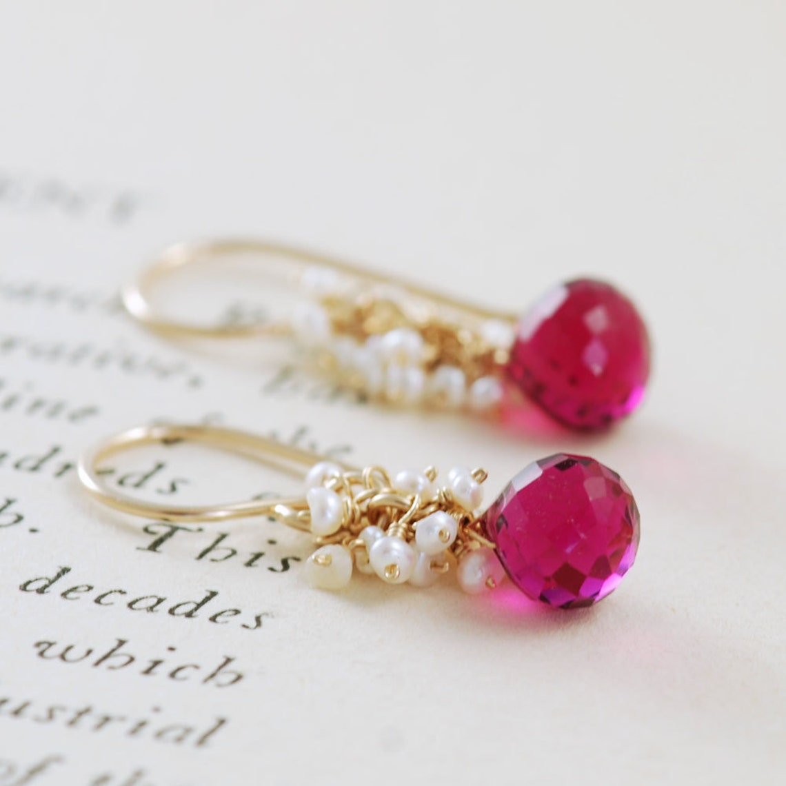 Raspberry Quartz Seed Pearl Earrings 14k Gold Fill Pink - Etsy