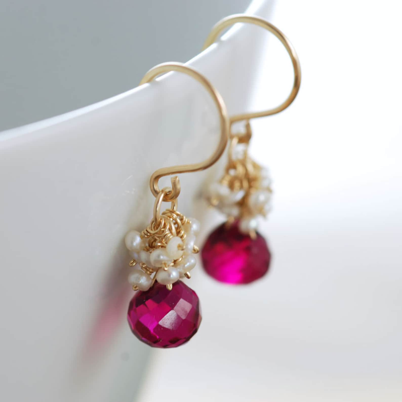 Raspberry Quartz Seed Pearl Earrings 14k Gold Fill Pink - Etsy
