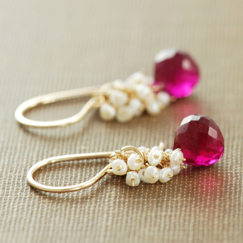 Raspberry Quartz Seed Pearl Earrings 14k Gold Fill, Pink Gemstone ...