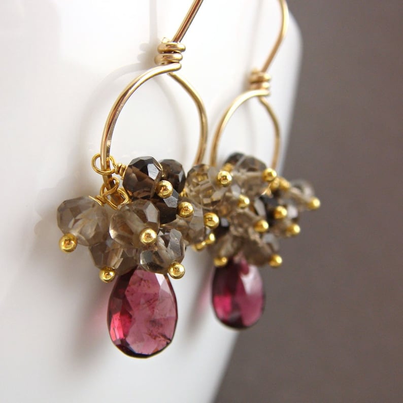 Garnet Earrings 14k Gold Fill With Smoky Quartz Clusters Red | Etsy