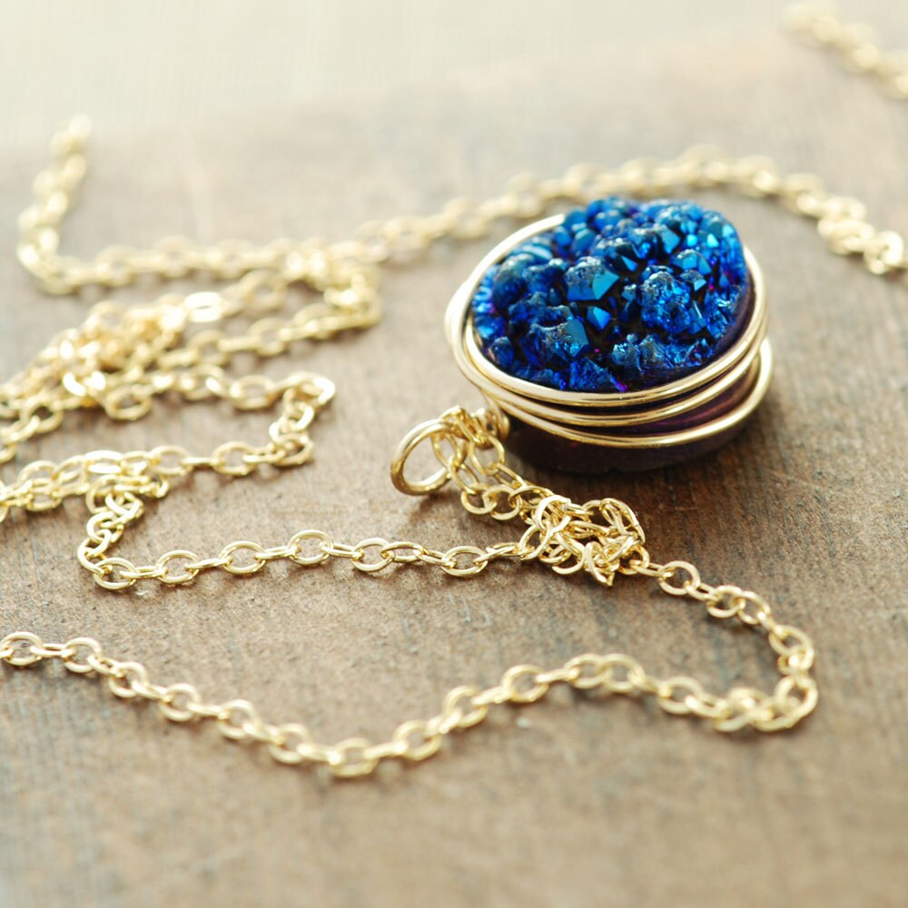 Sapphire Blue Druzy Gemstone Necklace Druzy Pendant Necklace | Etsy