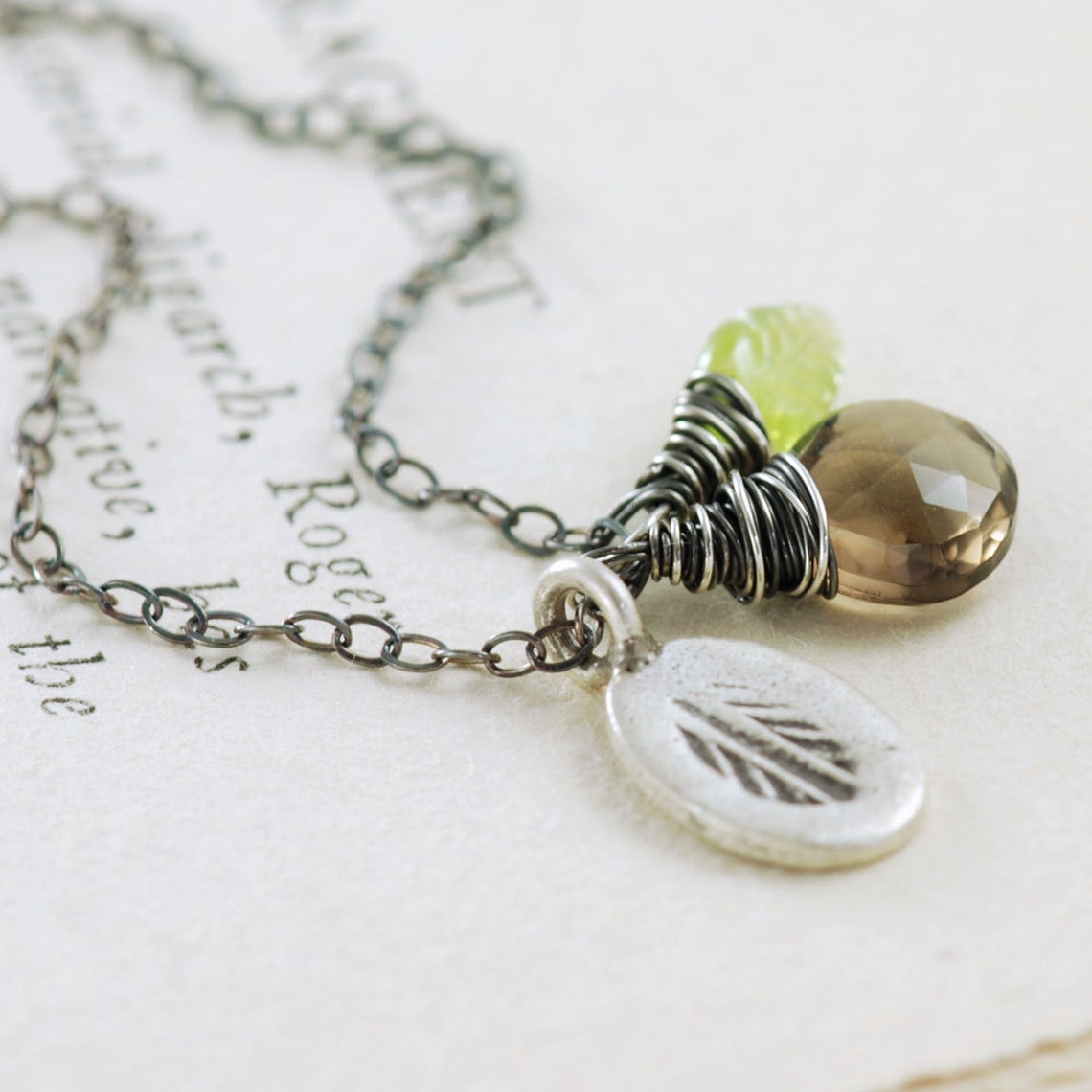 Autumn Gemstone Necklace Smoky Quartz Peridot Leaf Rustic - Etsy
