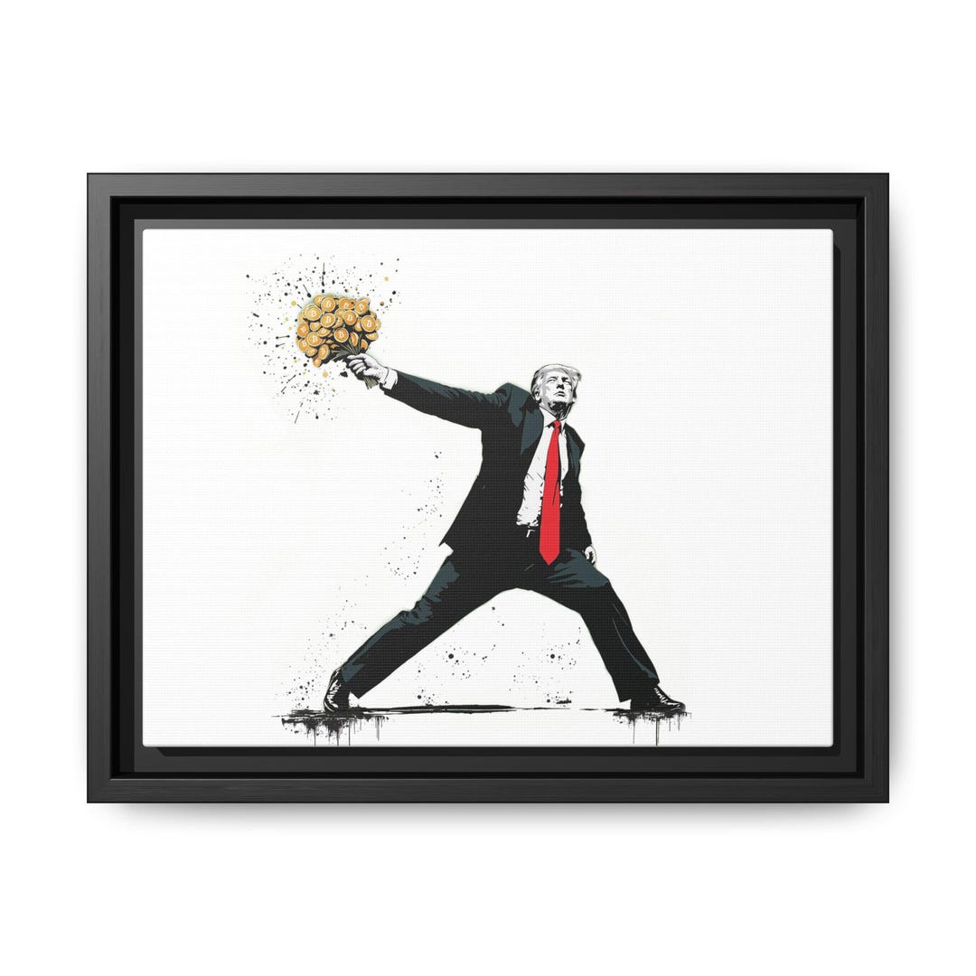 Bitcoin BTC Framed Art - Banksy-style Trump Throwing a Bouquet of ...