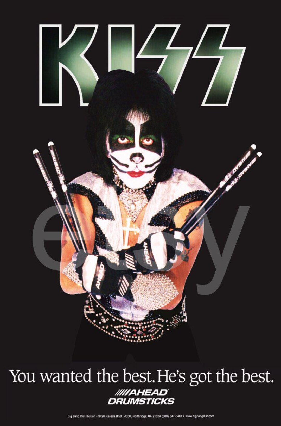 KISS Band Drummer Peter Criss "ahead Drumsticks" 20 X 30 Black Version ...
