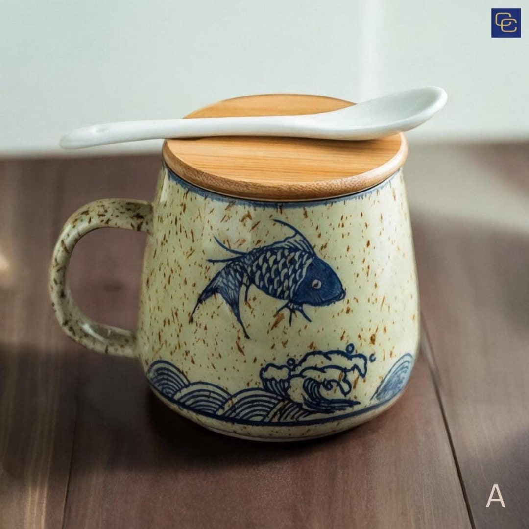 Japanese Ceramic Mug With Lid and Spoon | Crafted Design Coffee Cup ...