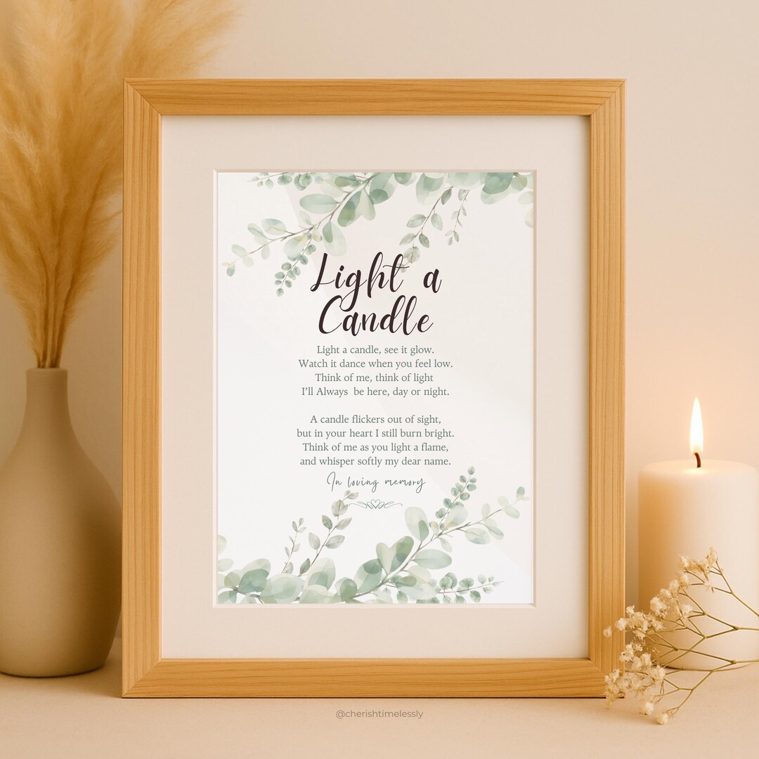 Light a Candle – Memorial Poem Printable, Greenery Remembrance Poem for ...