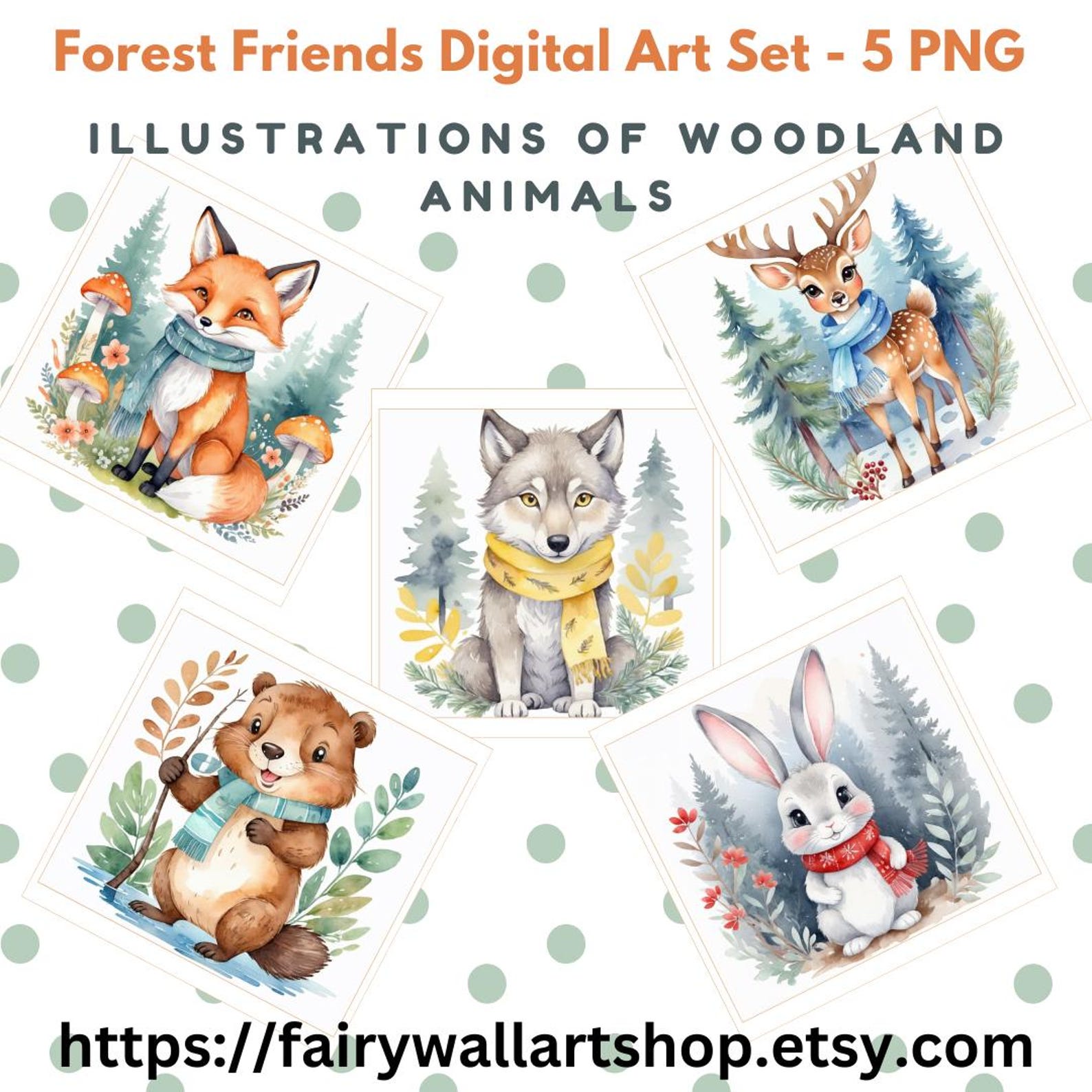 Forest Friends Digital Art Set - 5 PNG Illustrations of Woodland ...