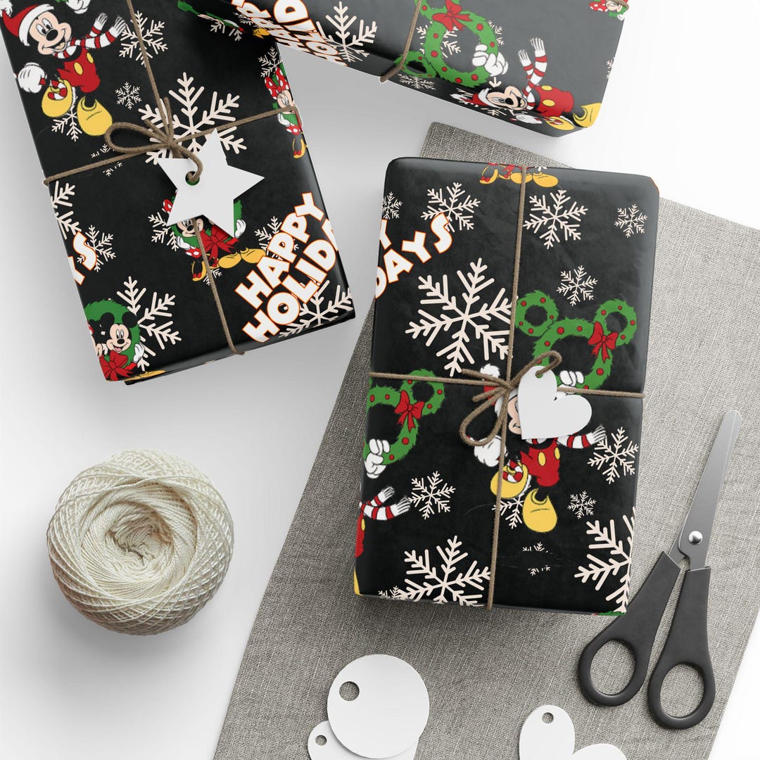 Festive Mickey Mouse Black Wrapping Paper, Holiday Gift Wrap, Christmas ...