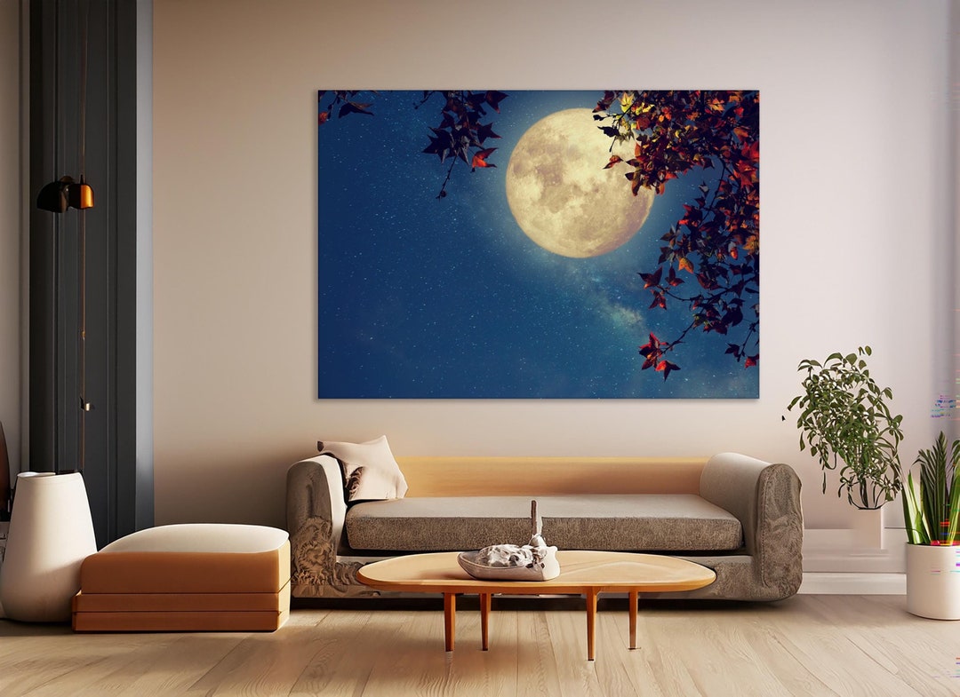Full Moon Wall Art, Night Sky Canvas, Moon Retro Style Decor Art, Milky ...