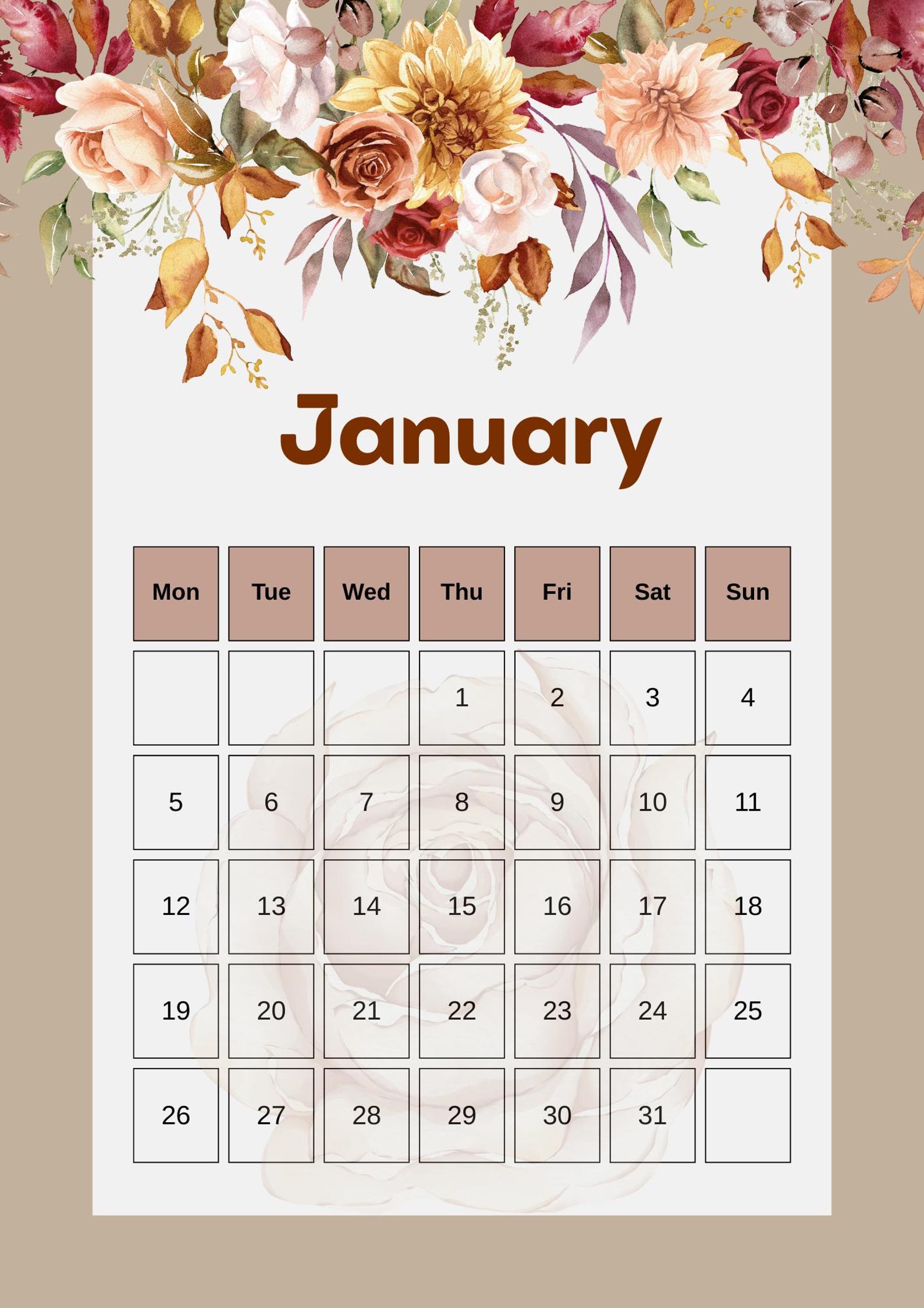 Vintage Floral Calendar 2026 – A4 Printable Planner With Monthly Notes ...