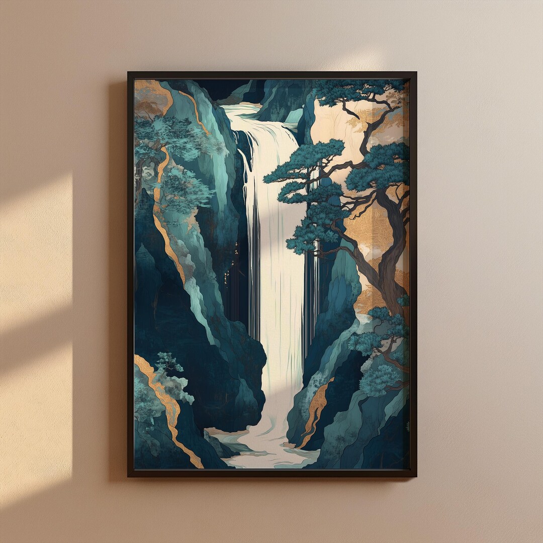 Hokusai Ukiyo-e Japanese Waterfall Landscape Wall Art Poster Blue ...