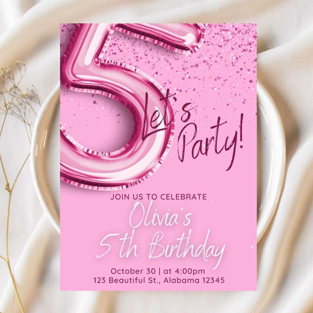 5 Years Pink Birthday Invitation, Mobile Invitation, Editable Template ...