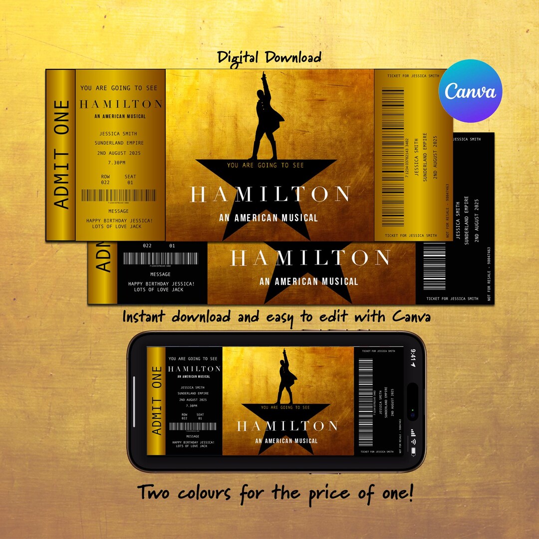 Personalised Editable Hamilton Theatre Ticket, Template Invite, Digital Template, Keepsake ...