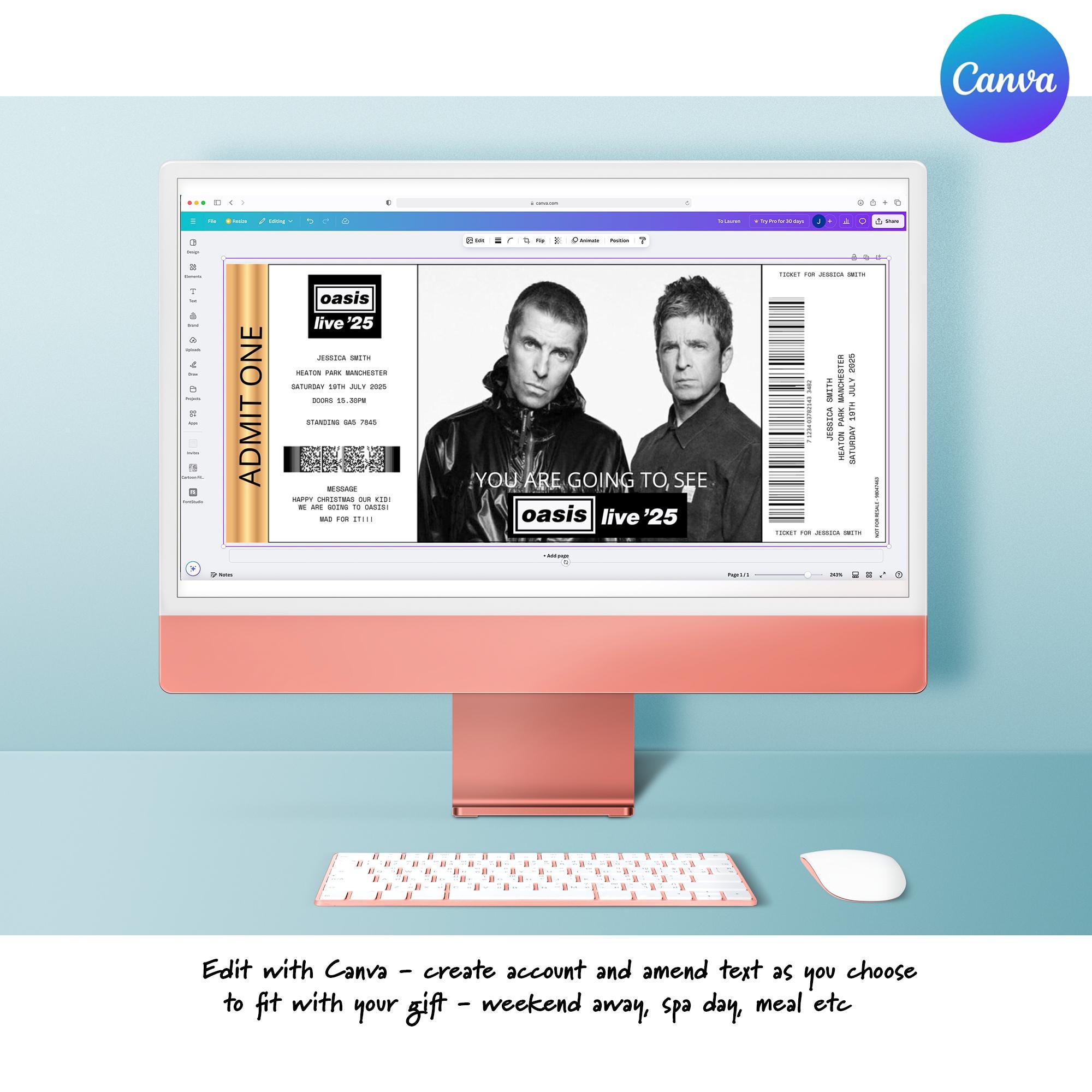 Personalised Editable Oasis Concert Ticket Template Invite, Birthday ...