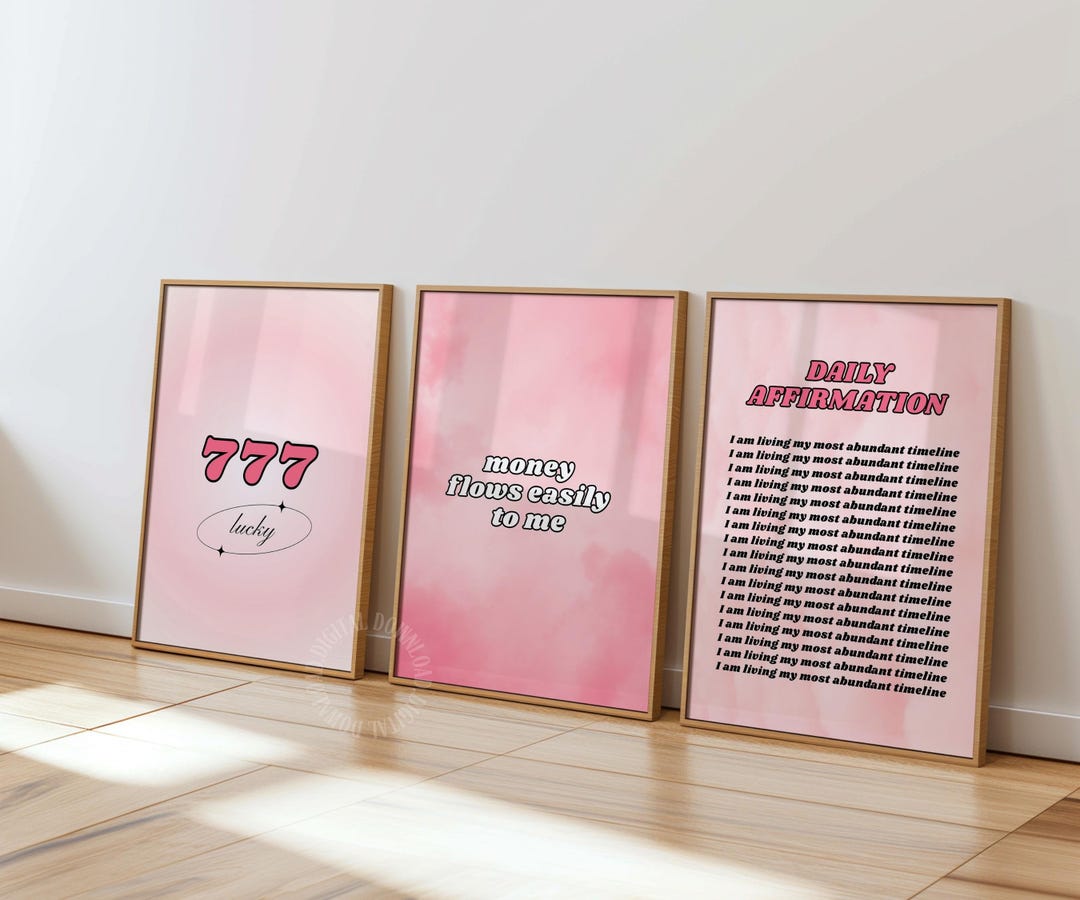 Retro Pink Set of 3 Affirmation Poster Set, Angel Number 777 Digital ...