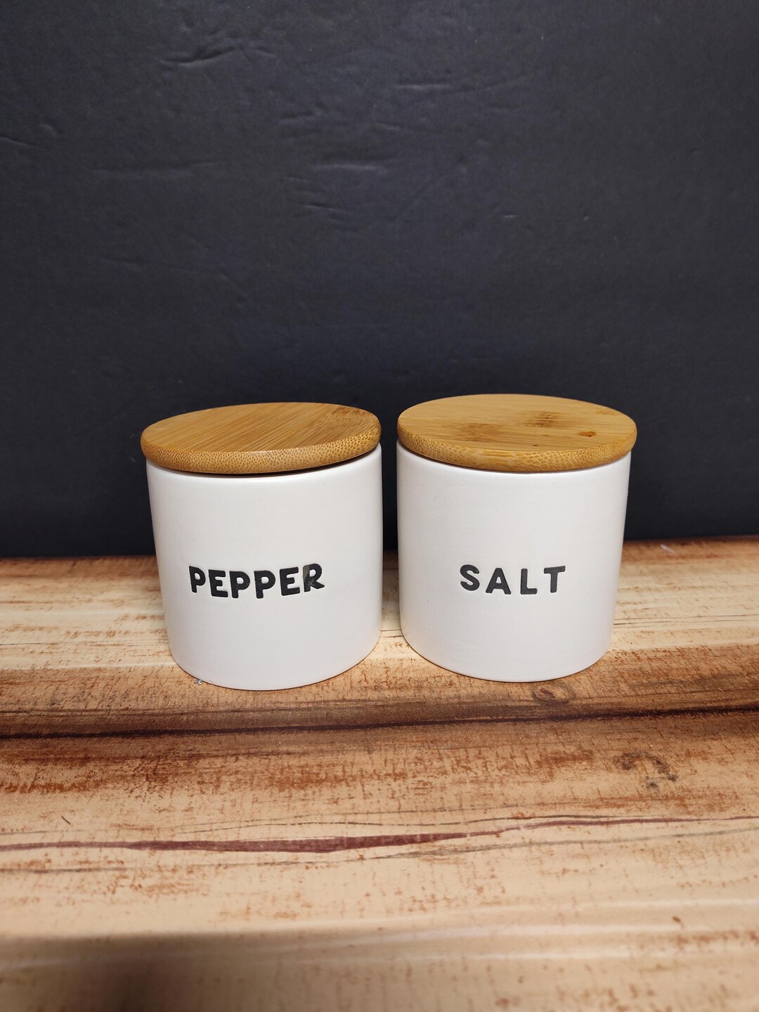 2pc White Ceramic Salt and Pepper Cellar Set With Wooden Lids Jar ...