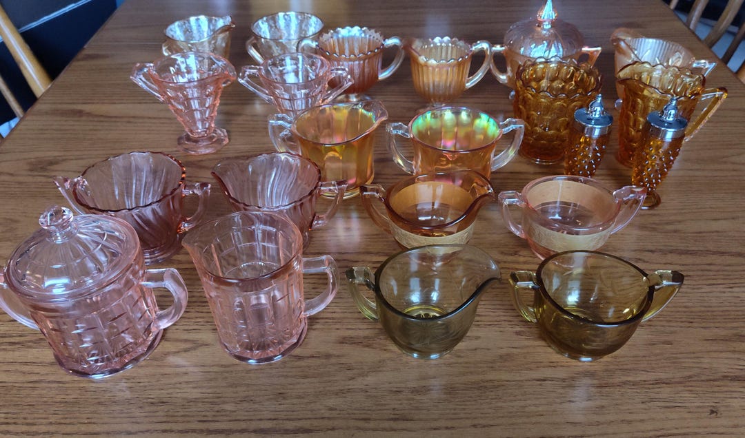 Vintage Depression Glass Collection of Sugar Bowls and Creamer Sets in ...