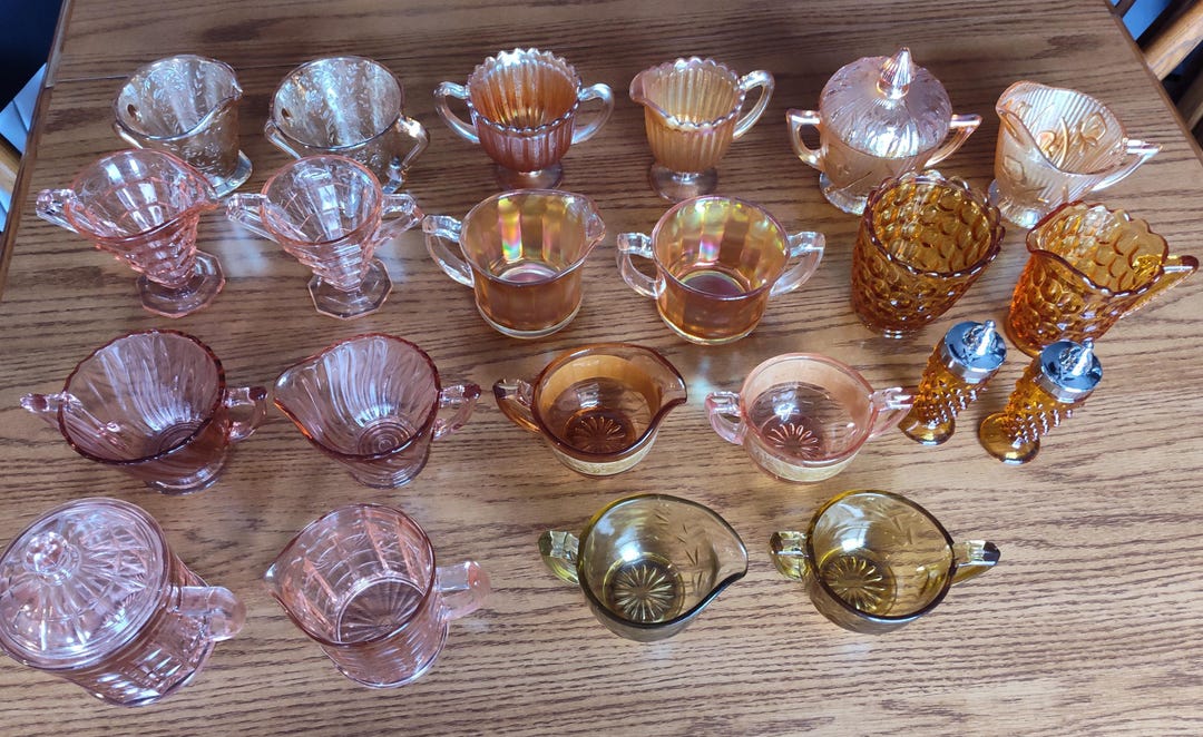 Vintage Depression Glass Collection of Sugar Bowls and Creamer Sets in ...