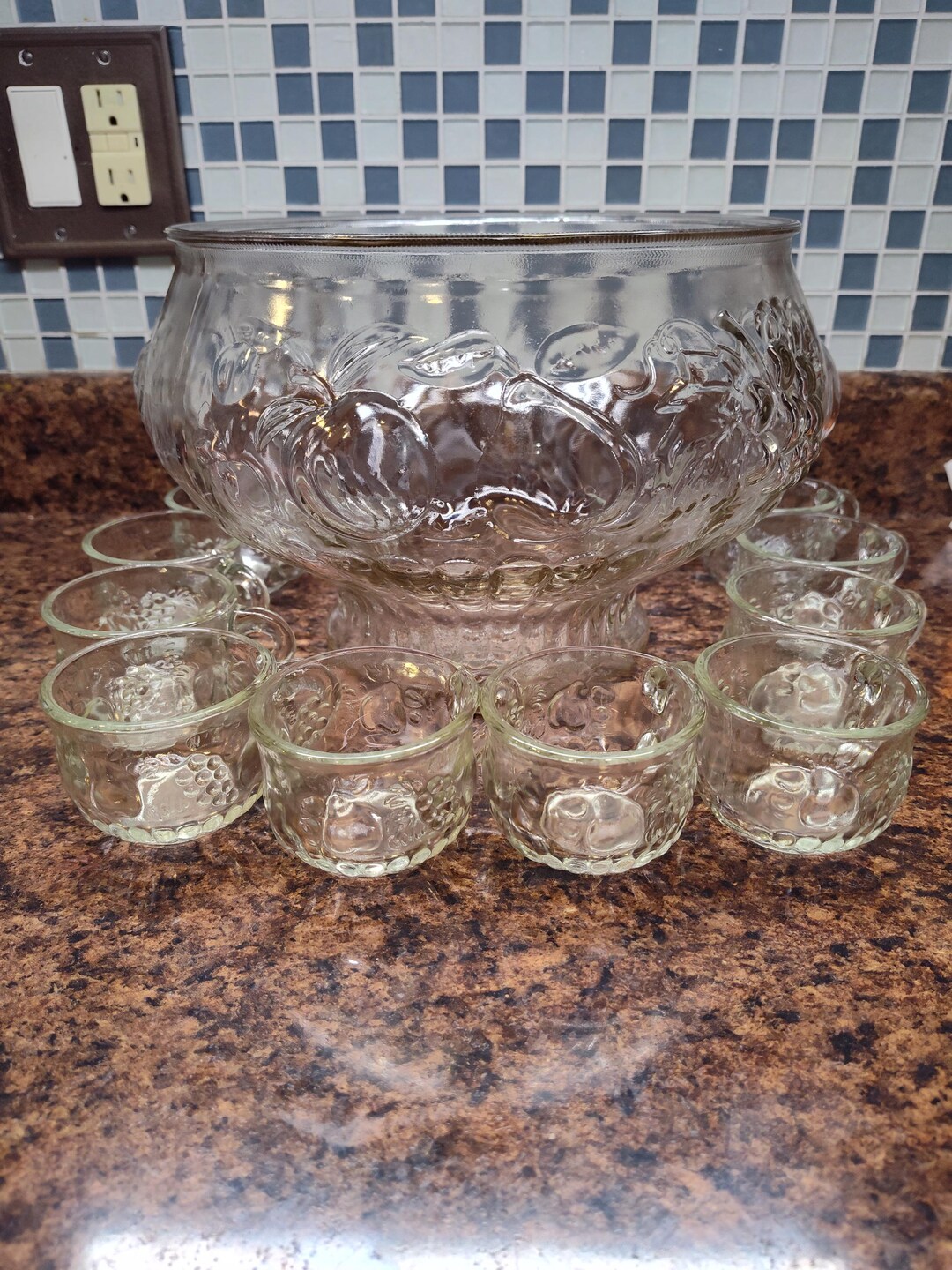 Vintage Glass Punch Bowl Set W/ 12 Cups Clear Fruit Pattern by ...