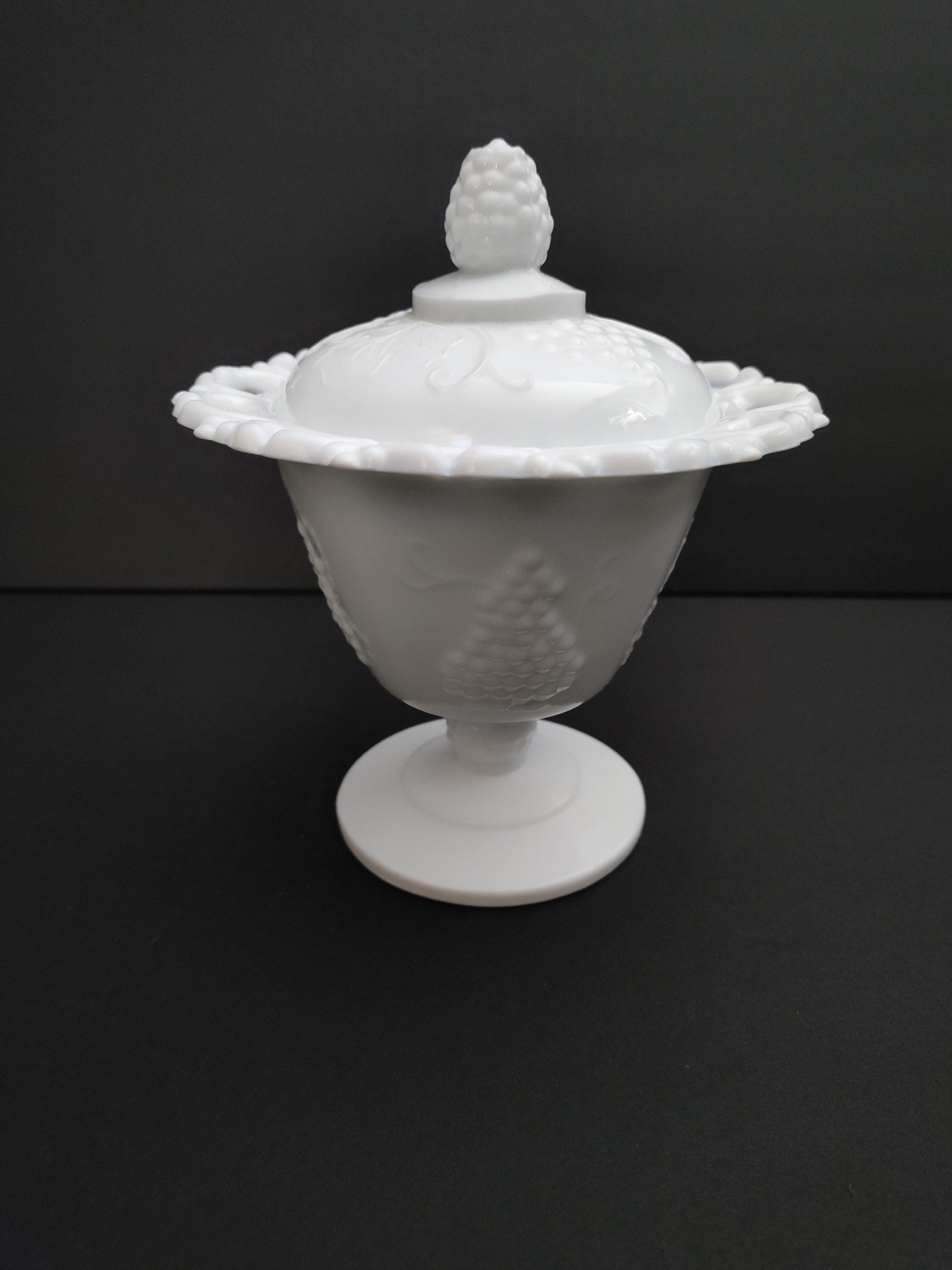 Indiana Glass Open Lace Milk Glass Harvest Grapes Footed Compote & Lid ...